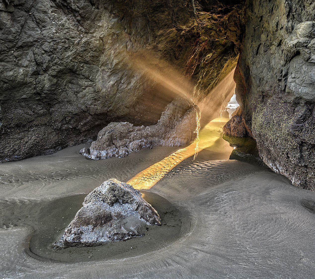 SUN'S RAYS, INSIDE CATHEDRAL ROCK, FROM SOUTH, BANDON, OREGON #4-6449 ...